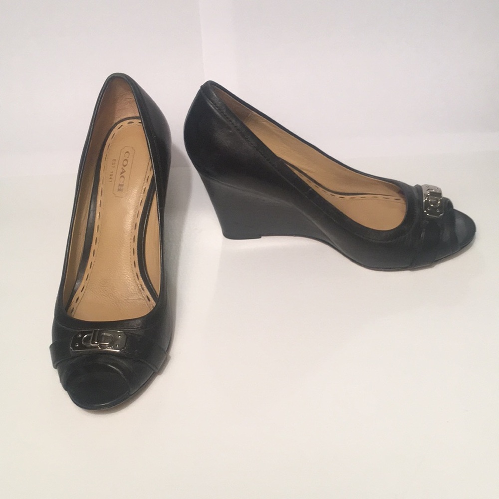 Coach Black Leather Thea Peep Toe Wedges, Size 6. - Gem